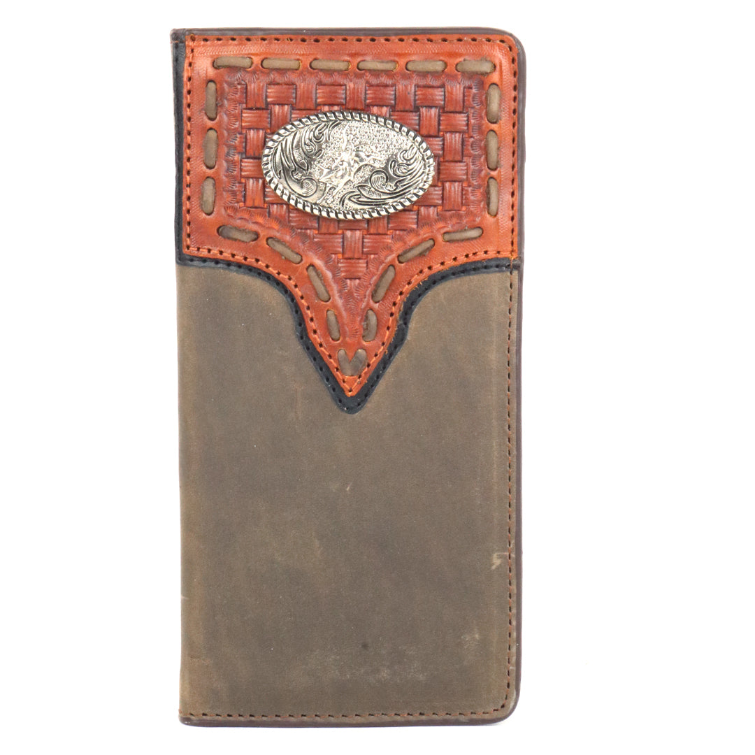 W142 - RockinLeather Brown Cowhide Rodeo Wallet with Bullrider Concho